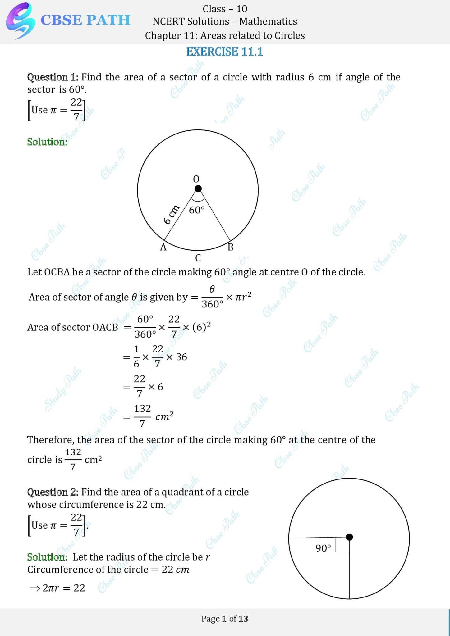 NCERT Solutions for Class 10 Maths Chapter 11 Areas related to Circles - CBSE Path