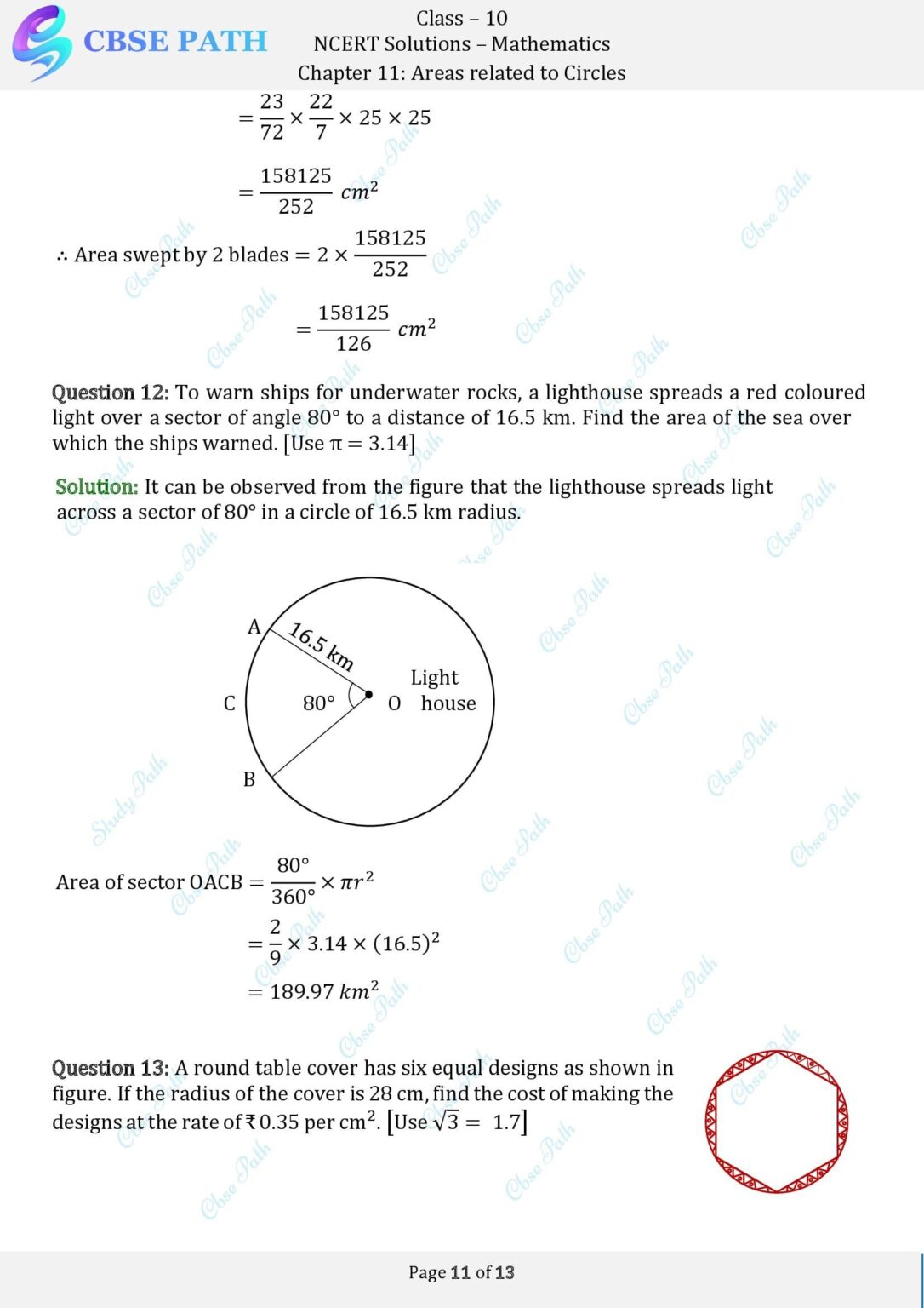 NCERT Solutions for Class 10 Maths Chapter 11 Areas related to Circles ...