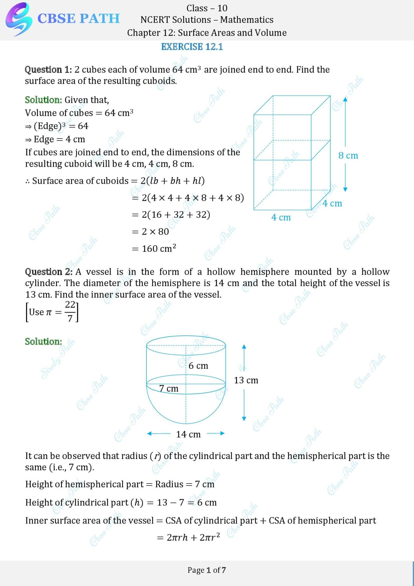 NCERT Solutions for Class 10 Maths Exercise 12.1 Surface Areas and Volumes - CBSE Path