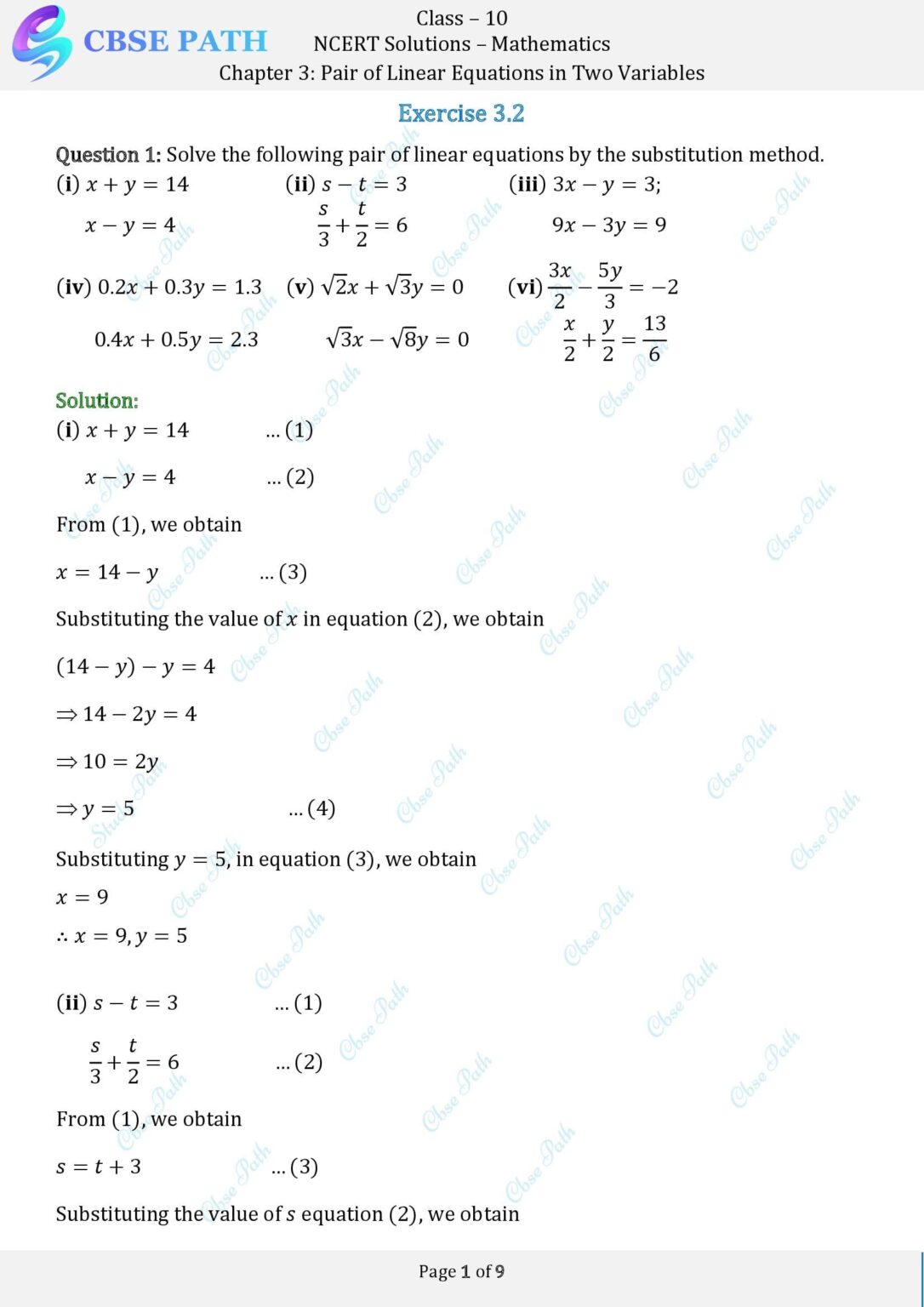 NCERT Solutions for Class 10 Maths Exercise 3.2 Pair of Linear Equations in Two Variables - CBSE ...