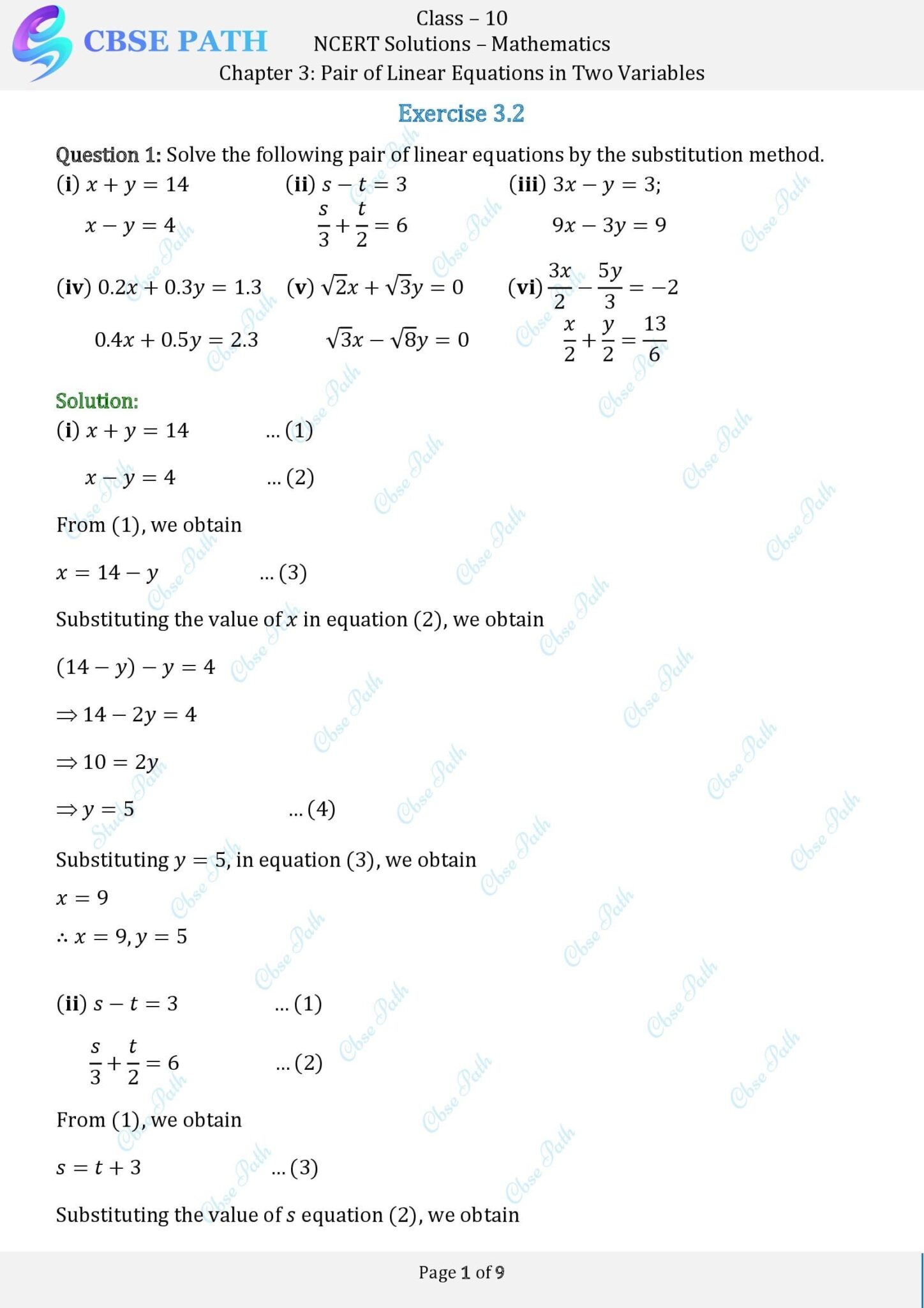 NCERT Solutions for Class 10 Maths Exercise 3.2 Pair of Linear Equations in Two Variables - CBSE ...