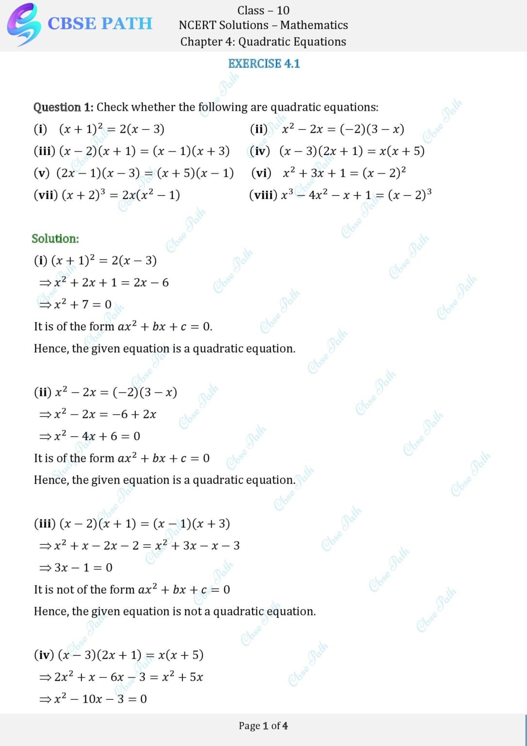 NCERT Solutions for Class 10 Maths Exercise 4.1 Quadratic Equations ...