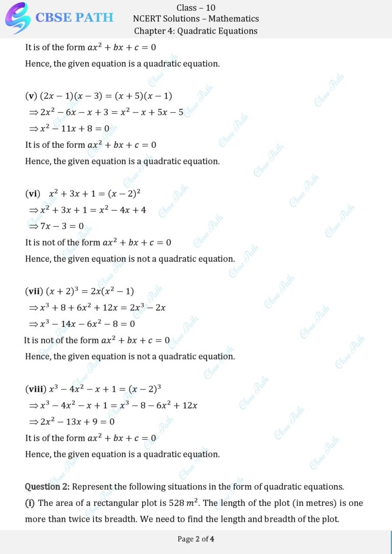 NCERT Solutions for Class 10 Maths Exercise 4.1 Quadratic Equations ...