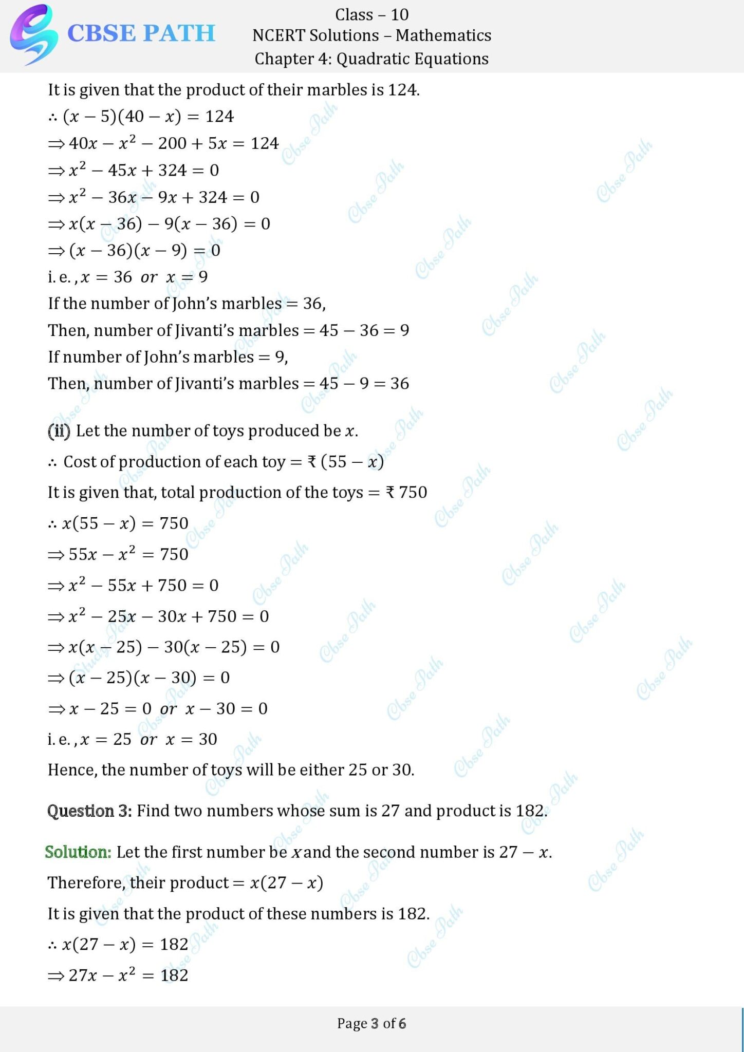 NCERT Solutions for Class 10 Maths Exercise 4.2 Quadratic Equations ...