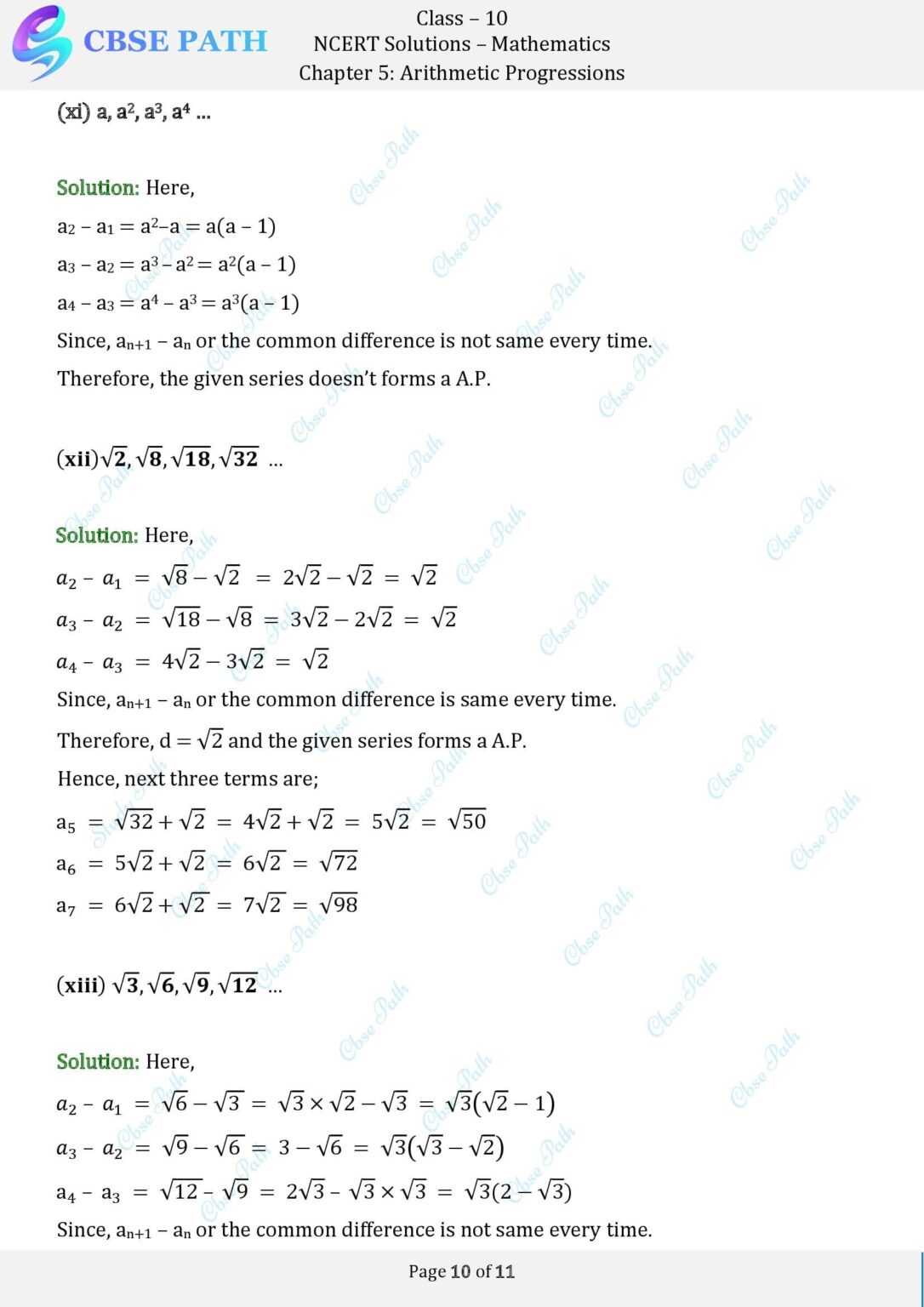 NCERT Solutions for Class 10 Maths Exercise 5.1 Arithmetic Progressions ...