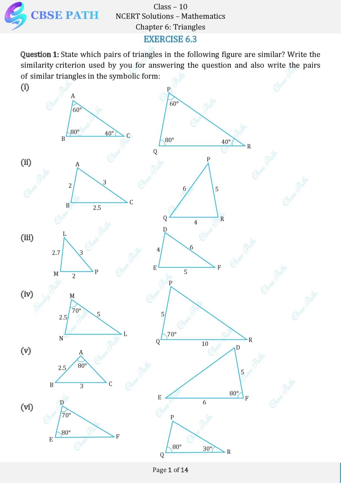 NCERT Solutions for Class 10 Maths Exercise 6.3 Triangles (2024-25 ...