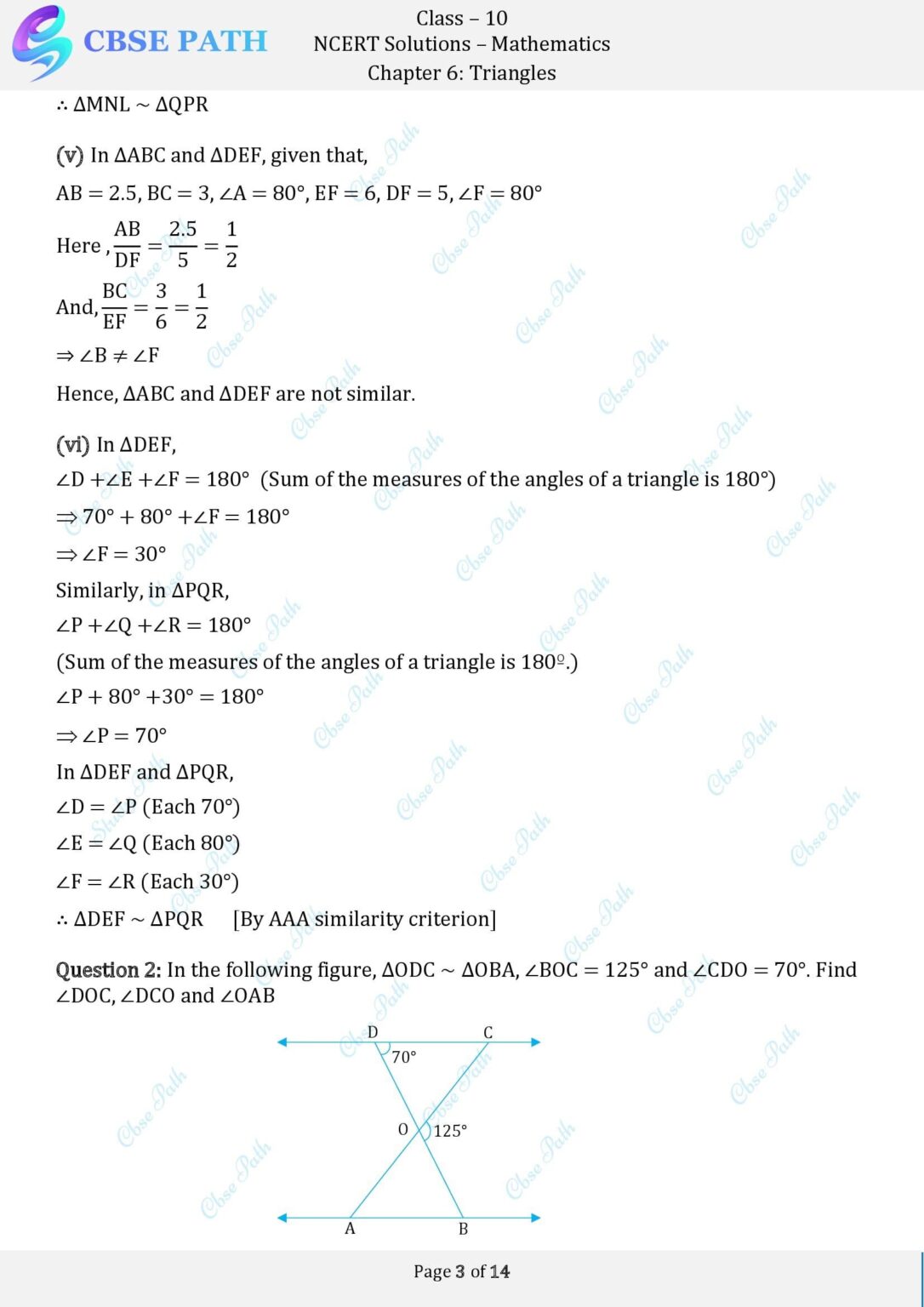 NCERT Solutions for Class 10 Maths Exercise 6.3 Triangles (2024-25 ...