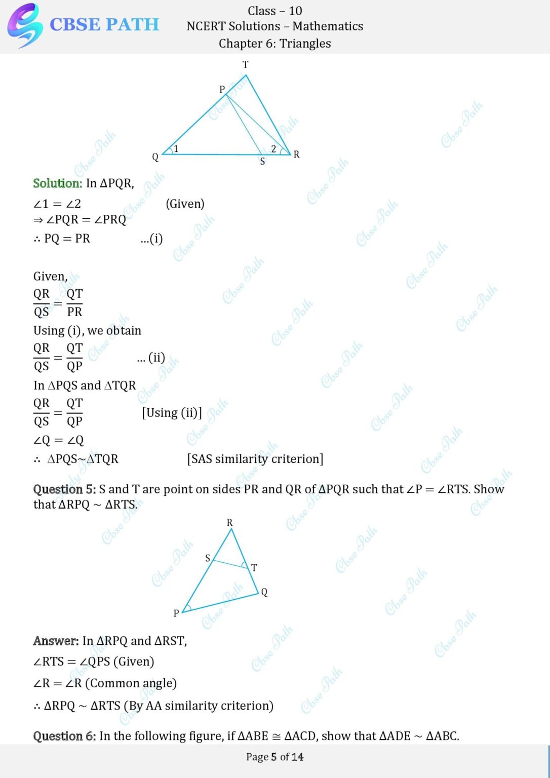 NCERT Solutions for Class 10 Maths Exercise 6.3 Triangles (2024-25 ...