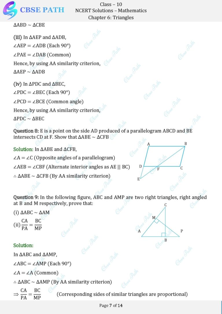 NCERT Solutions for Class 10 Maths Exercise 6.3 Triangles (2024-25 ...