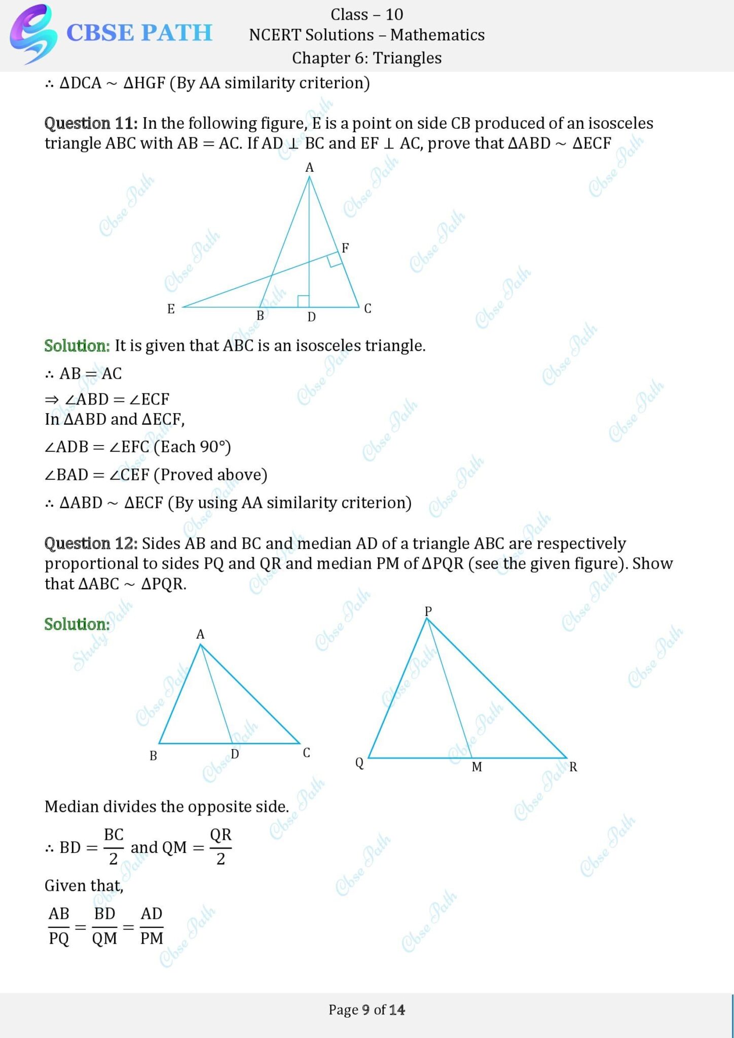NCERT Solutions for Class 10 Maths Exercise 6.3 Triangles (2024-25 ...
