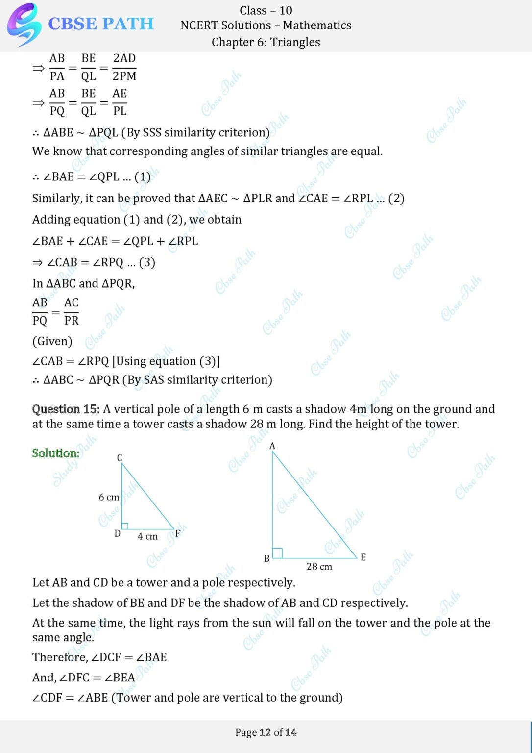 NCERT Solutions for Class 10 Maths Exercise 6.3 Triangles (2024-25 ...