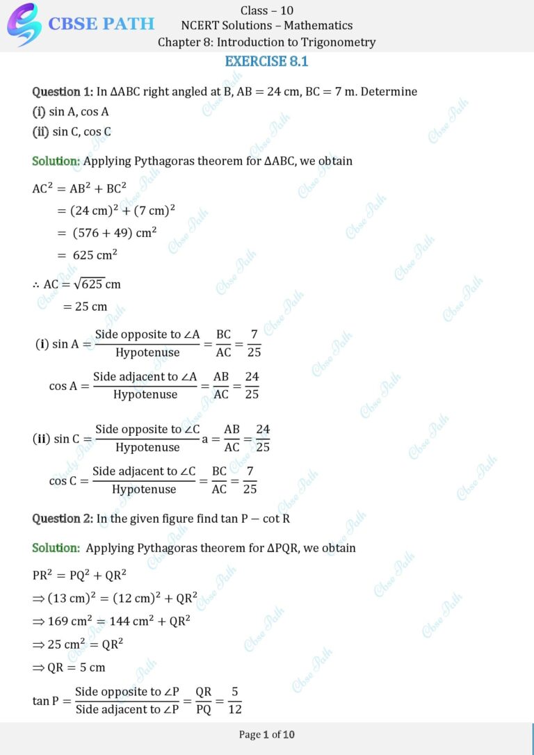 NCERT Solutions for Class 10 Maths Exercise 8.1 Introduction to ...