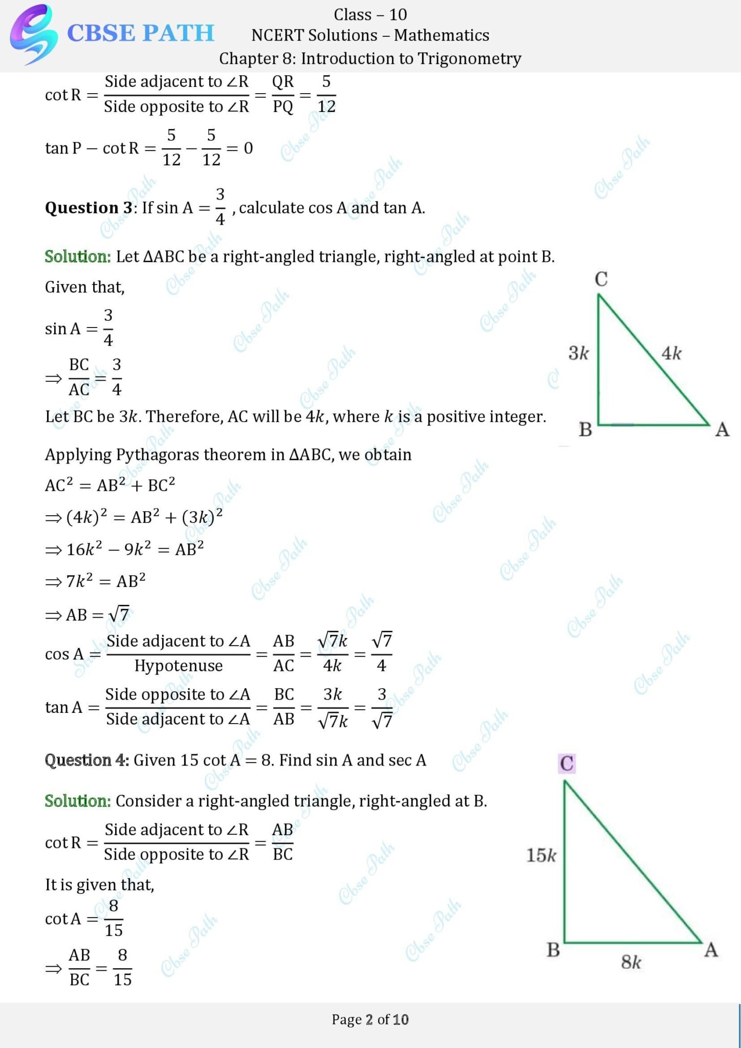 NCERT Solutions for Class 10 Maths Exercise 8.1 Introduction to Trigonometry - CBSE Path