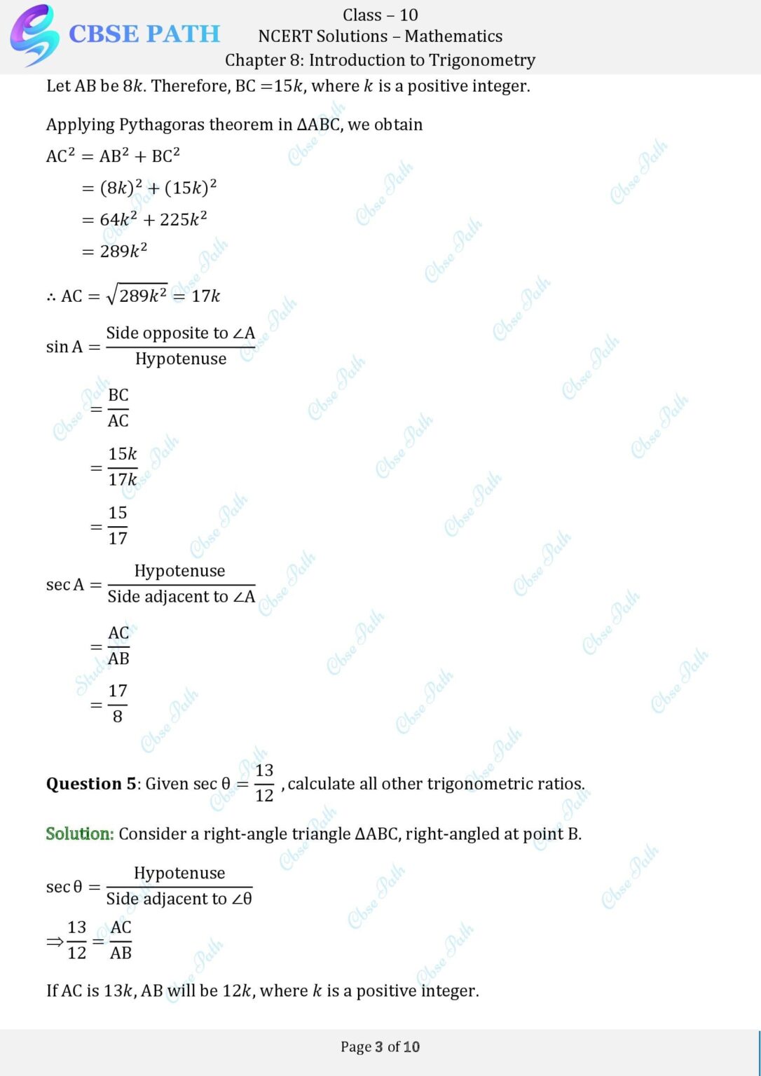 NCERT Solutions for Class 10 Maths Exercise 8.1 Introduction to Trigonometry - CBSE Path