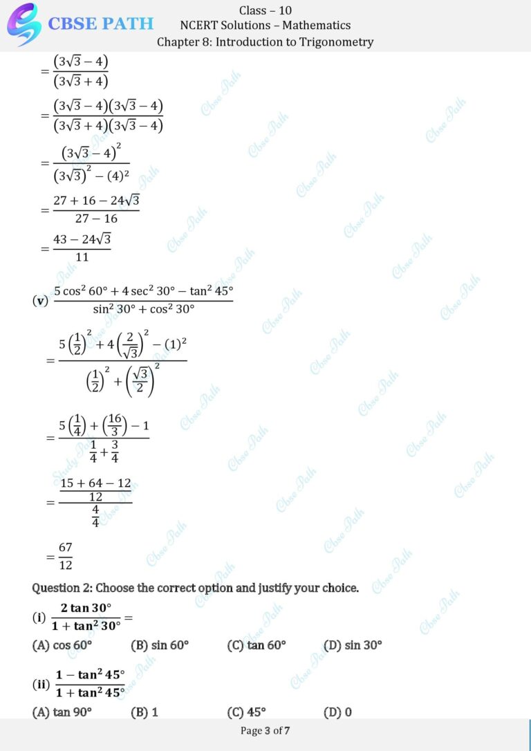 NCERT Solutions for Class 10 Maths Exercise 8.2 Introduction to Trigonometry - CBSE Path
