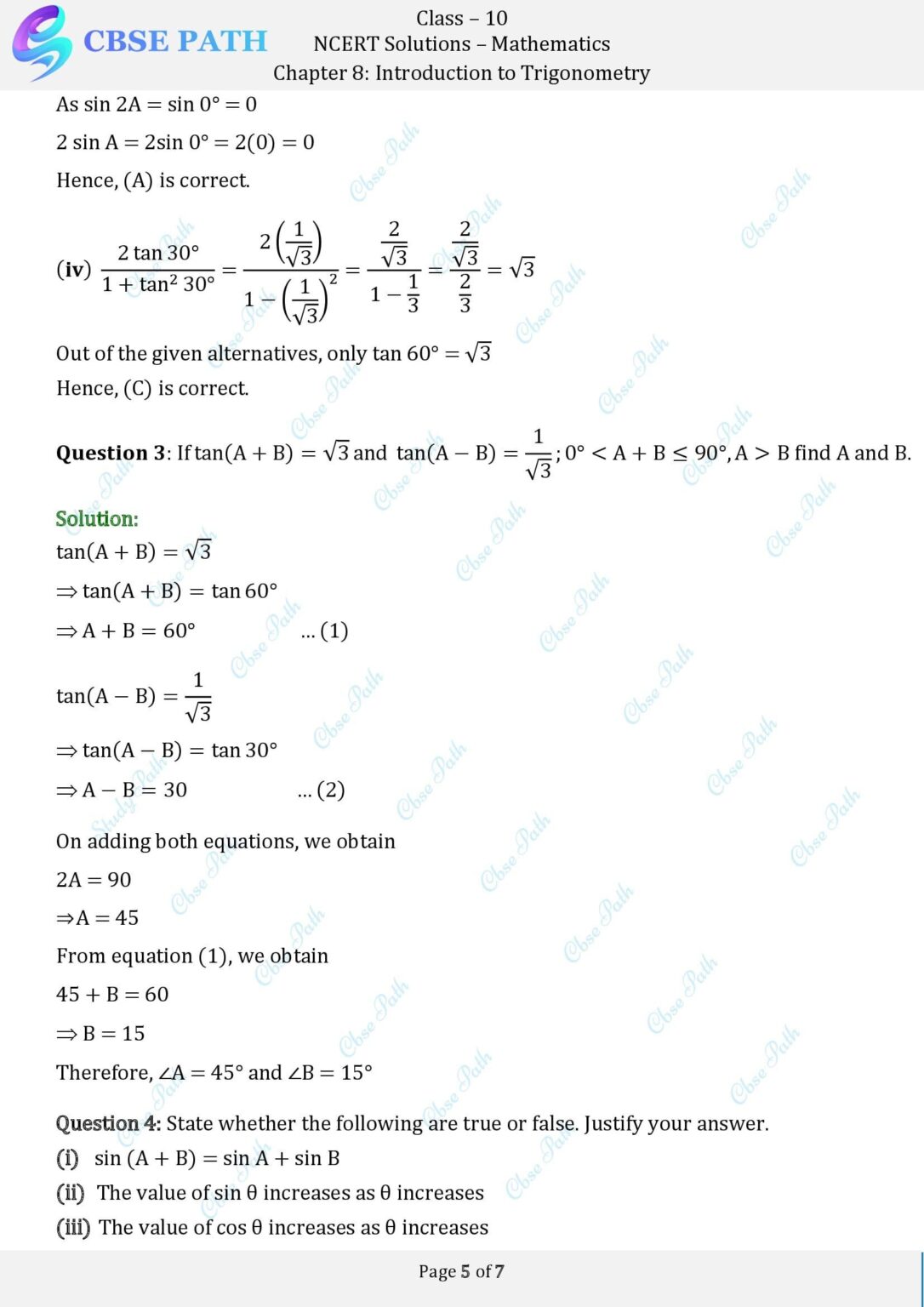 NCERT Solutions for Class 10 Maths Exercise 8.2 Introduction to Trigonometry - CBSE Path