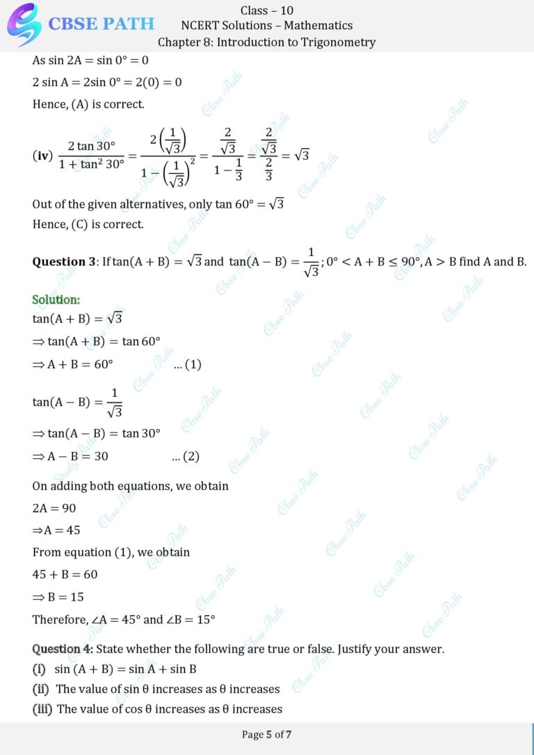 NCERT Solutions for Class 10 Maths Exercise 8.2 Introduction to Trigonometry - CBSE Path