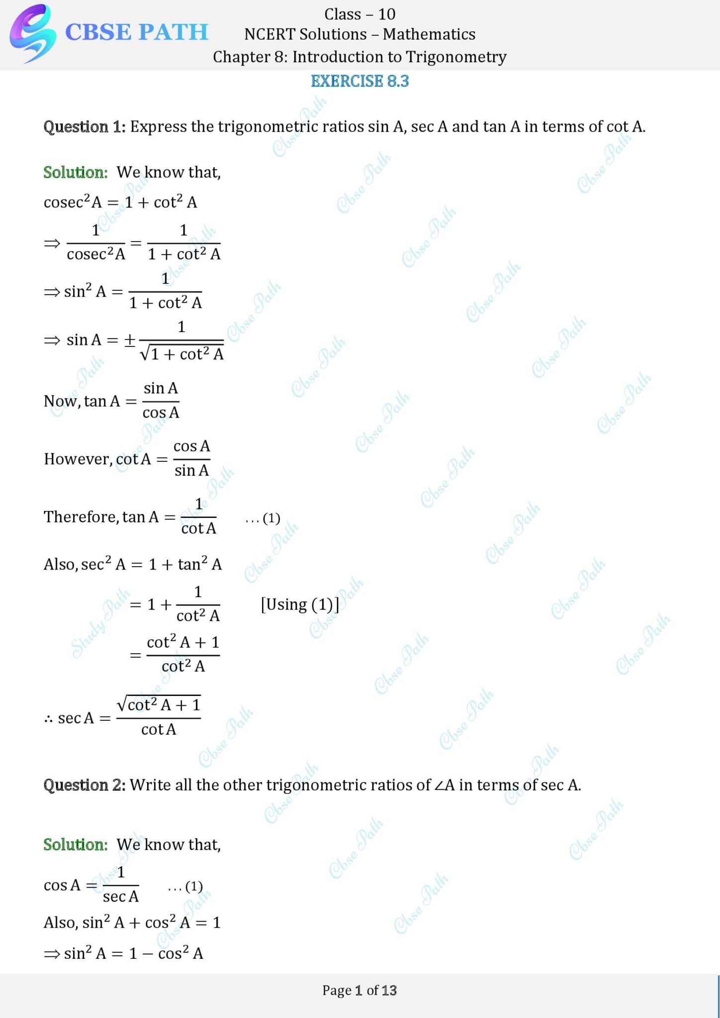 NCERT Solutions for Class 10 Maths Exercise 8.3 Introduction to ...