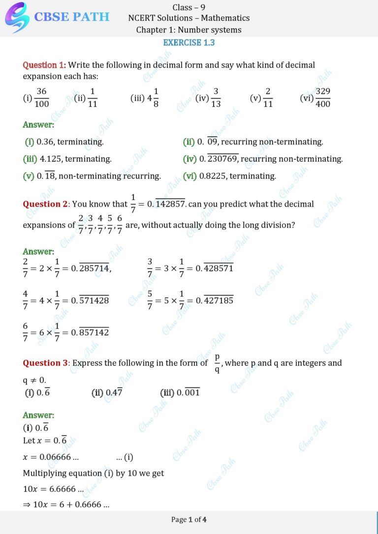 NCERT Solutions for Class 9 Maths Exercise 1.3 Number Systems (2024-25) - CBSE Path