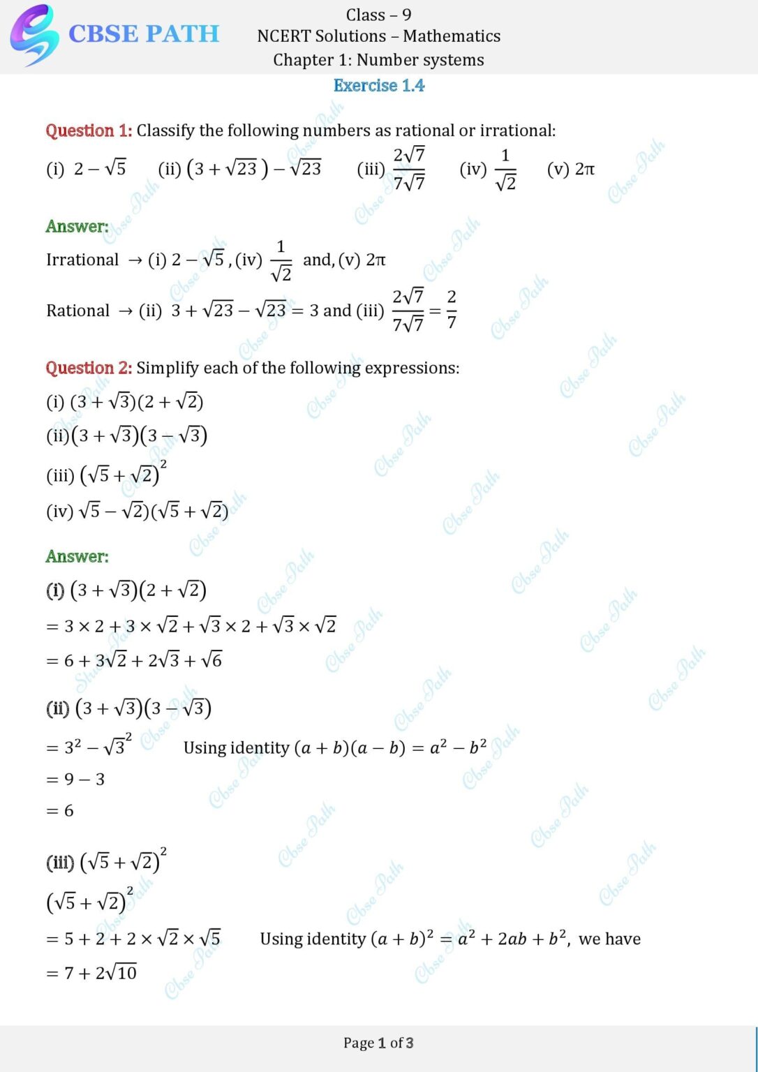 NCERT Solutions for Class 9 Maths Exercise 1.4 Number Systems (2024-25) - CBSE Path