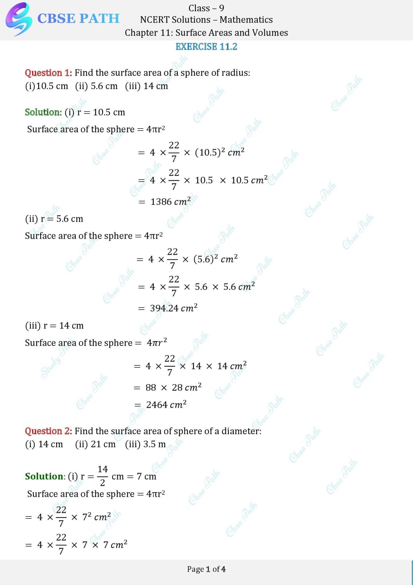 NCERT Solutions for Class 9 Maths Exercise 11.2 Surface Areas and Volumes - CBSE Path