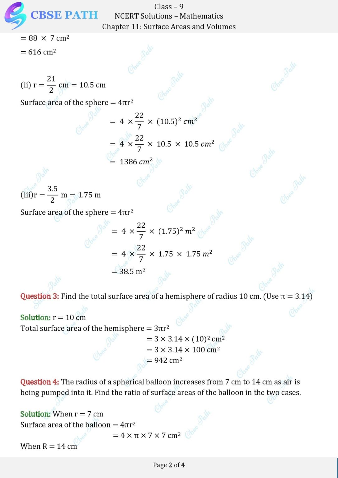 NCERT Solutions for Class 9 Maths Exercise 11.2 Surface Areas and Volumes - CBSE Path