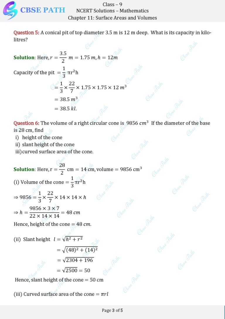 NCERT Solutions for Class 9 Maths Exercise 11.3 Surface Areas and Volumes - CBSE Path