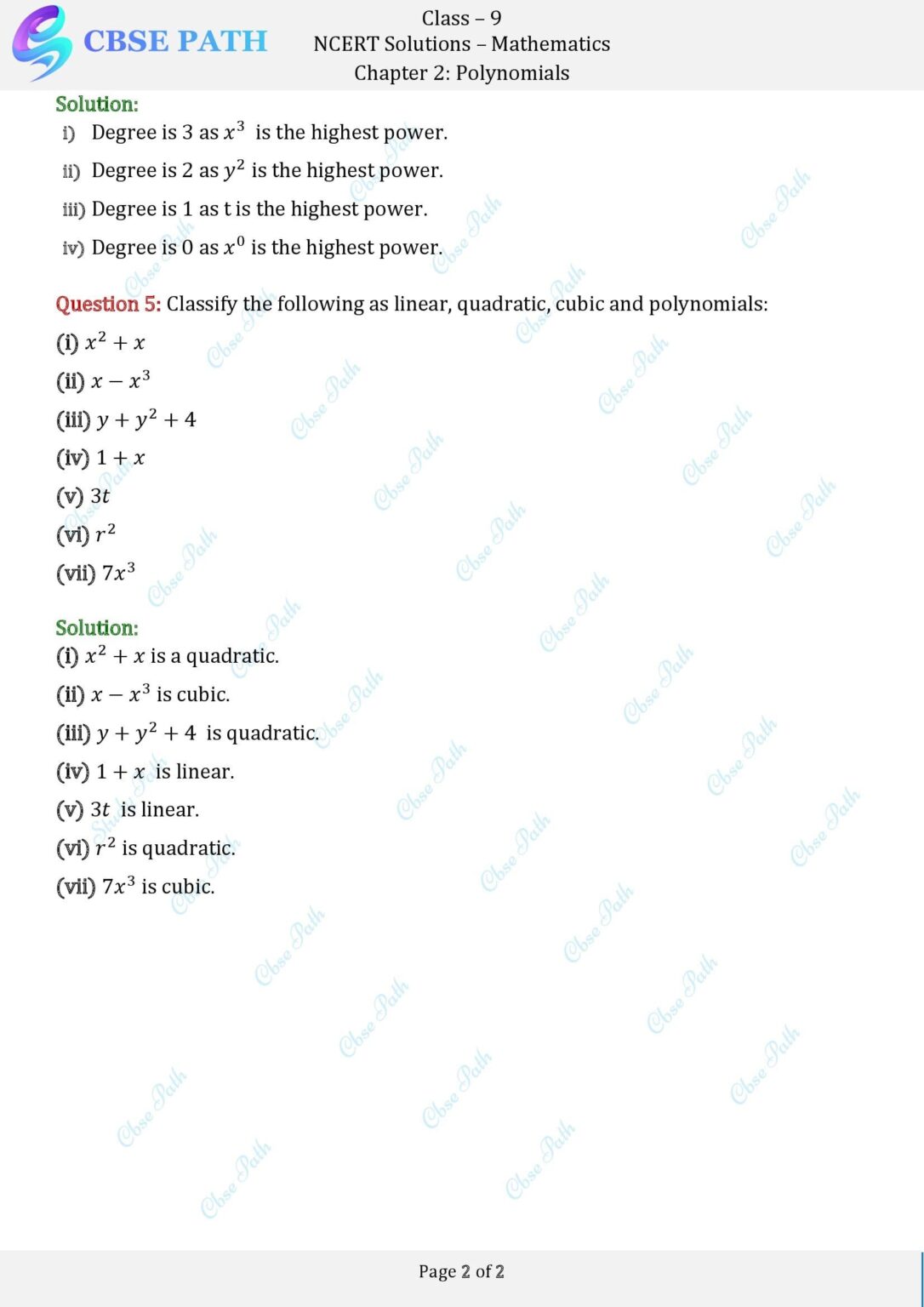 NCERT Solutions for Class 9 Maths Exercise 2.1 Polynomials (2024-25 ...