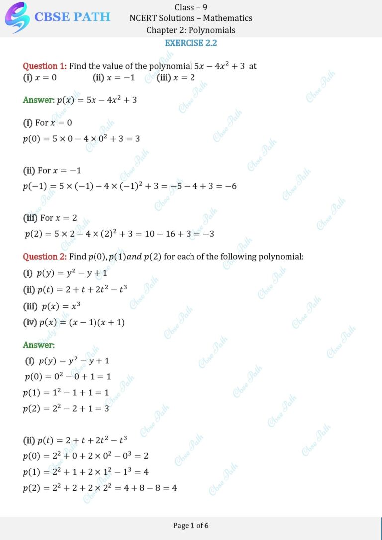 NCERT Solutions for Class 9 Maths Exercise 2.2 Polynomials (2024-25 ...