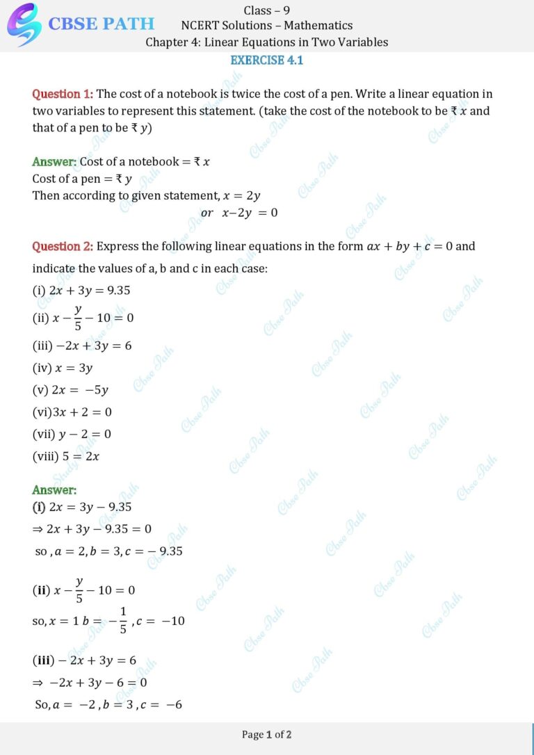 NCERT Solutions for Class 9 Maths Exercise 4.1 Linear Equations in Two Variables Solutions ...
