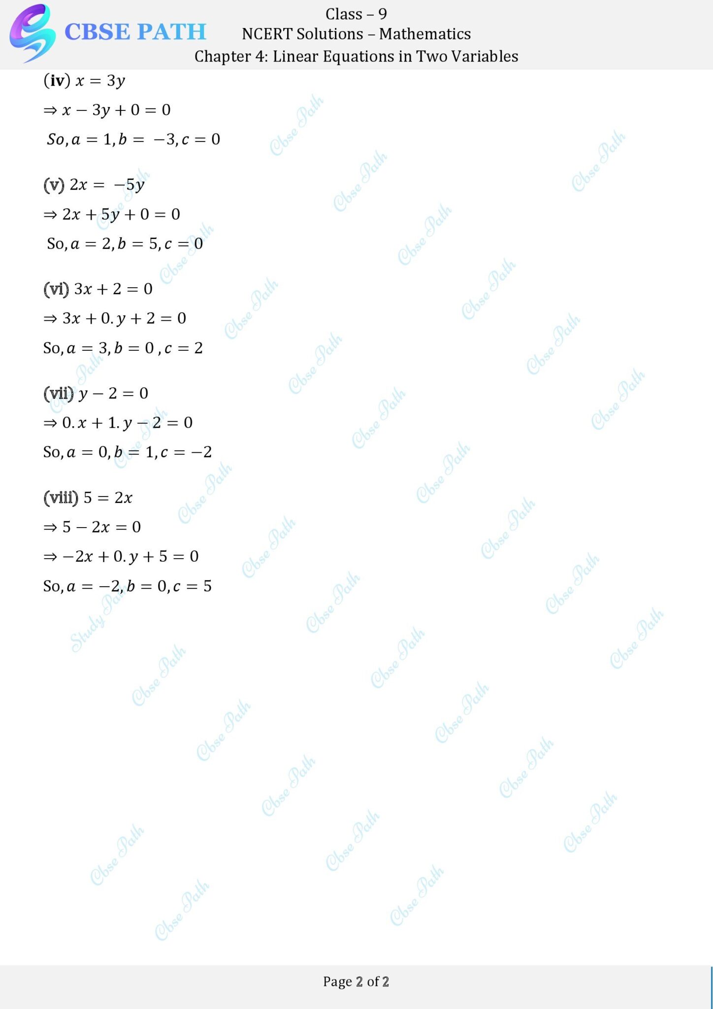 NCERT Solutions for Class 9 Maths Exercise 4.1 Linear Equations in Two Variables Solutions ...