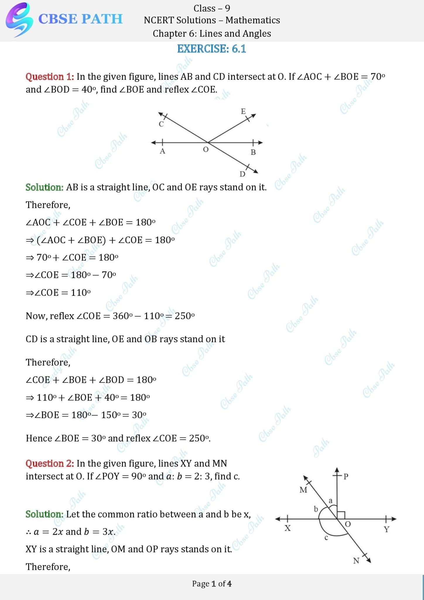 NCERT Solutions for Class 9 Maths Exercise 6.1 Lines and Angles (2024-25) - CBSE Path