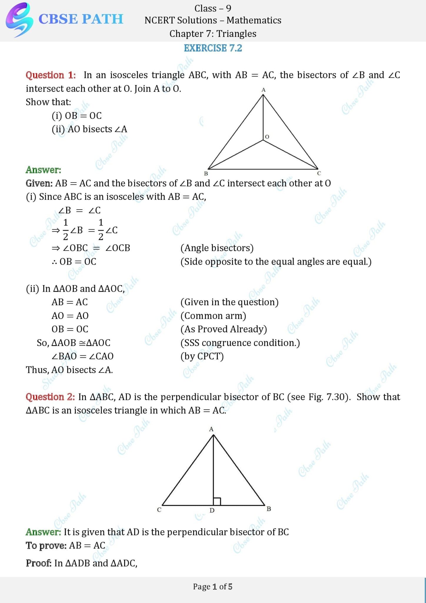 NCERT Solutions for Class 9 Maths Exercise 7.2 Triangles (2024-25 ...