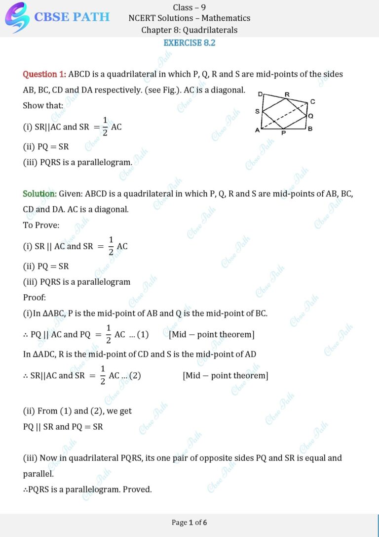NCERT Solutions for Class 9 Maths Exercise 8.2 Quadrilaterals (2024-25 ...