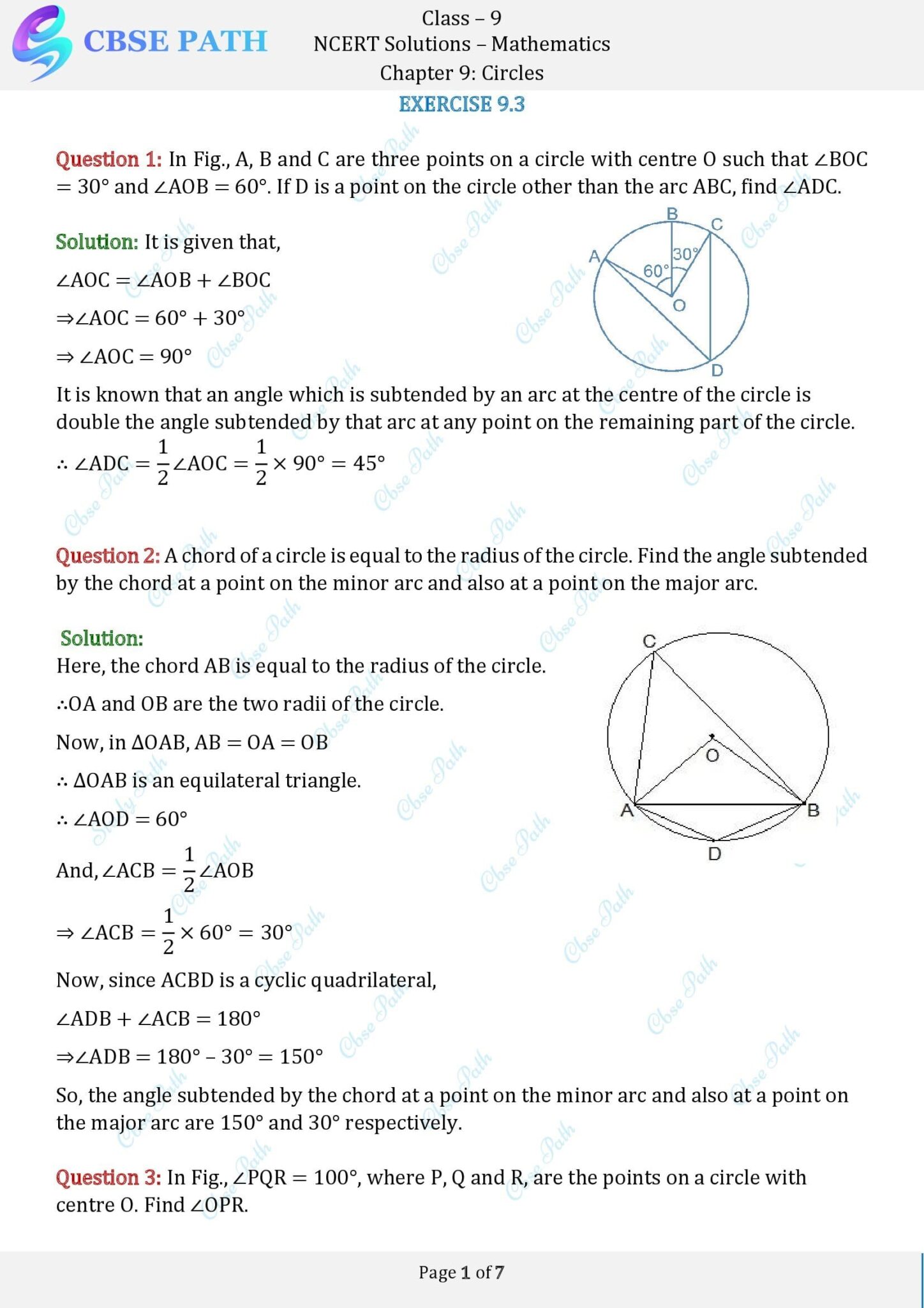 NCERT Solutions for Class 9 Maths Exercise 9.3 Circles (2024-25) - CBSE ...