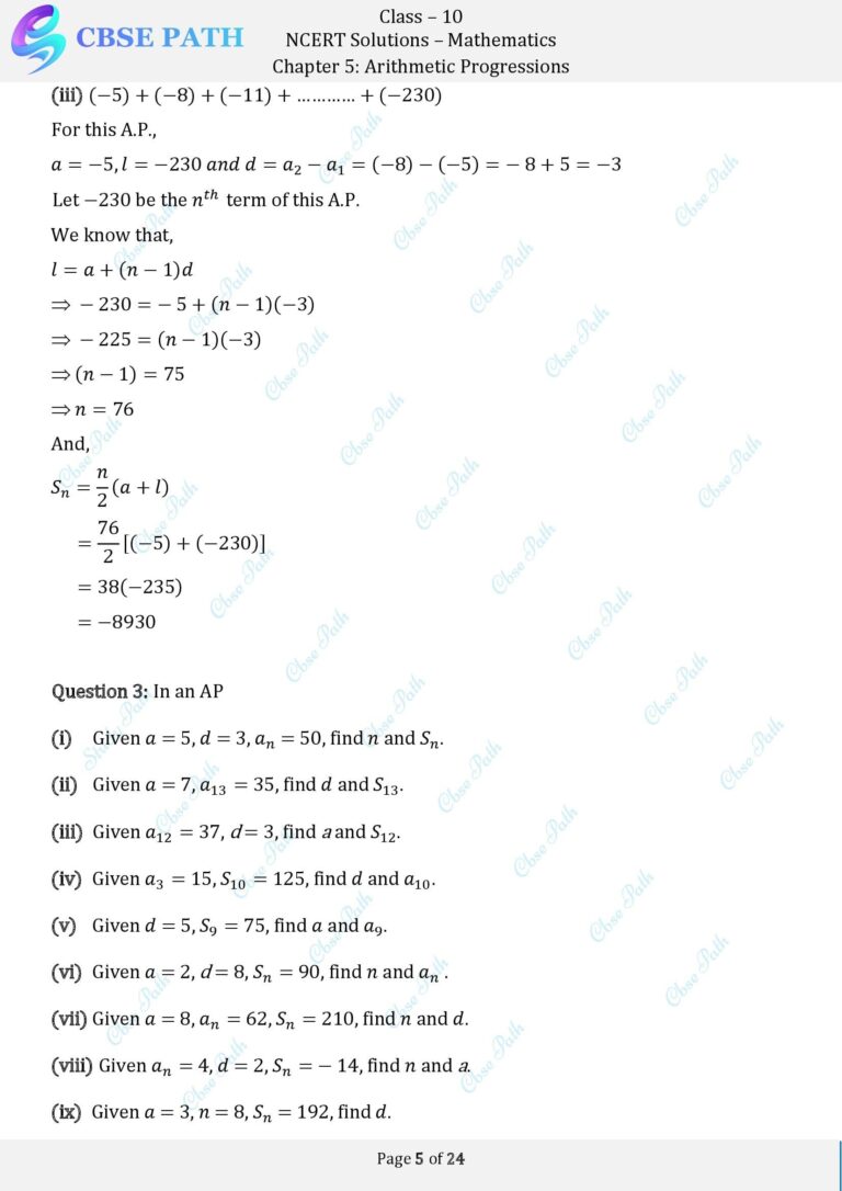 NCERT Solutions for Class 10 Maths Exercise 5.3 Arithmetic Progressions ...
