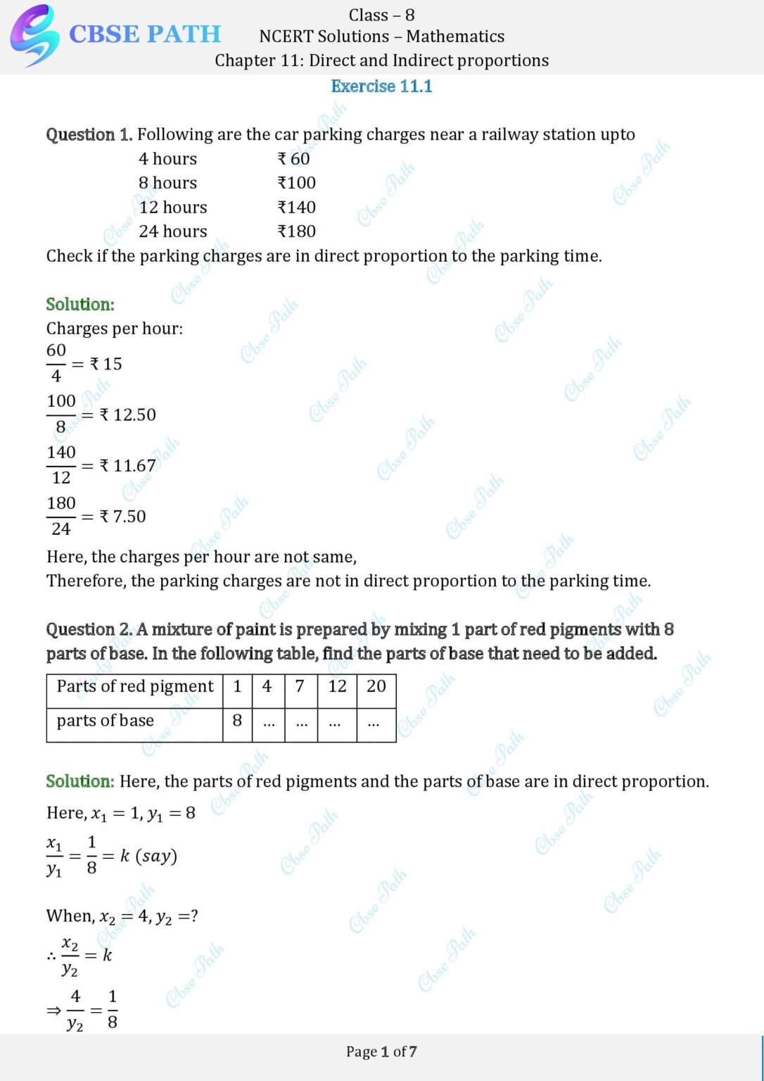 NCERT Solutions for Class 8 Maths Exercise 11.1 Direct and Inverse Proportions - CBSE Path