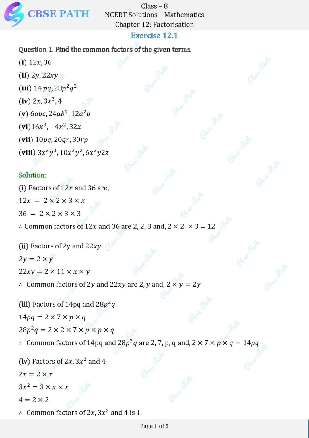 NCERT Solutions for Class 8 Maths Exercise 12.1 Factorisation - CBSE Path