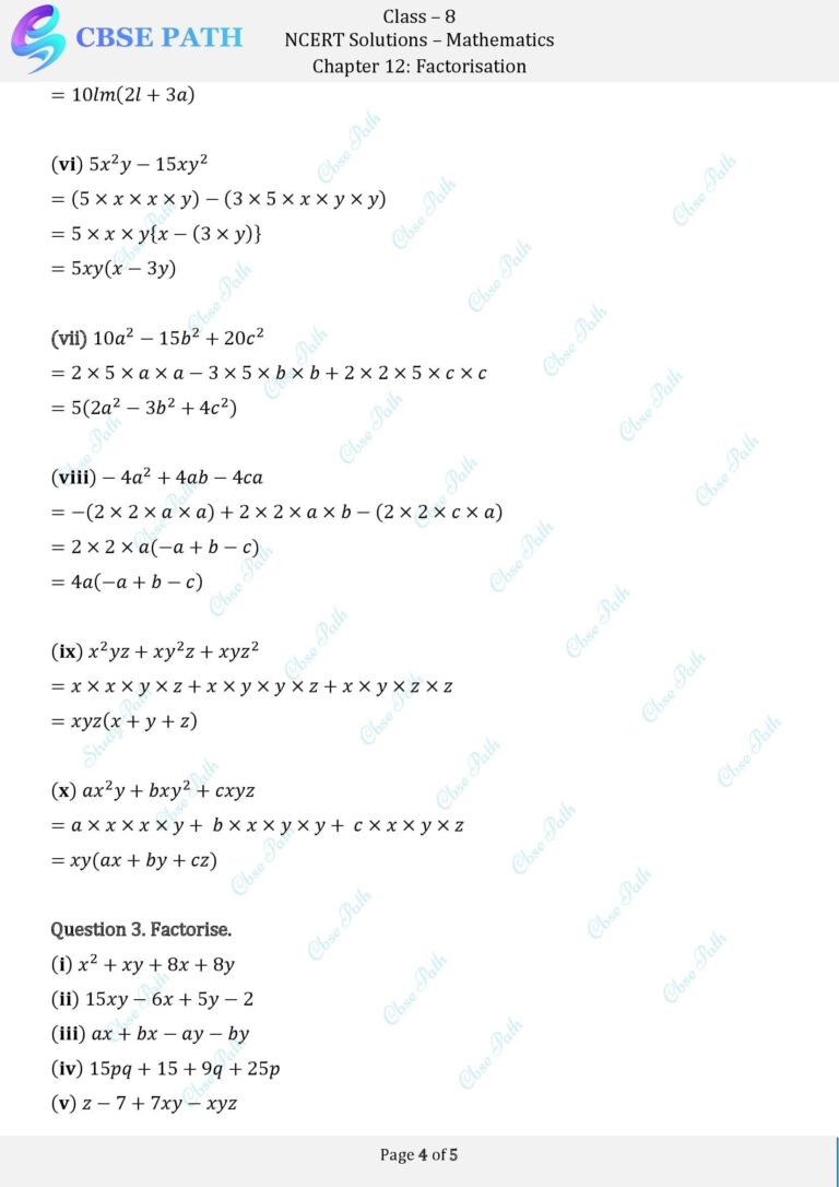 NCERT Solutions for Class 8 Maths Exercise 12.1 Factorisation - CBSE Path