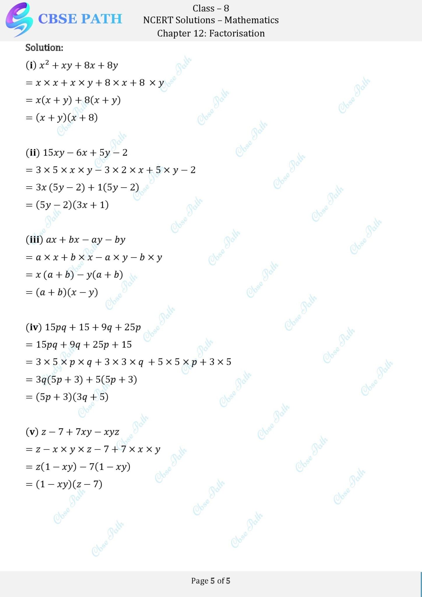 NCERT Solutions for Class 8 Maths Exercise 12.1 Factorisation - CBSE Path