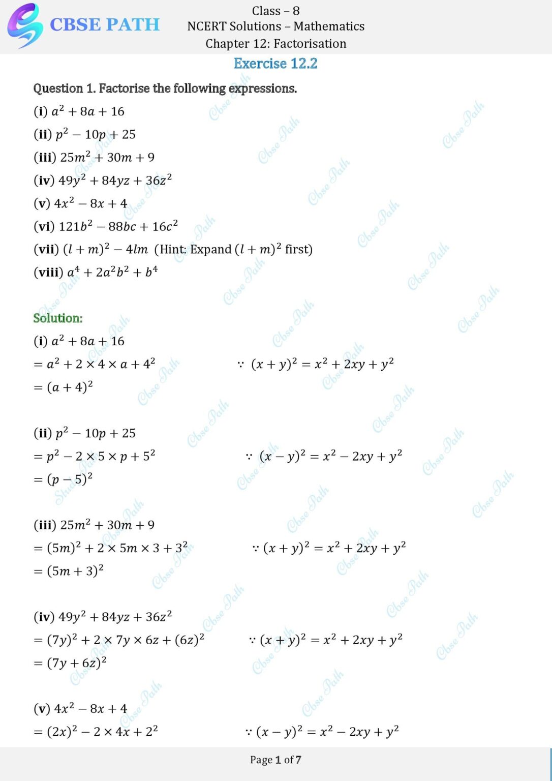 NCERT Solutions for Class 8 Maths Exercise 12.2 Factorisation - CBSE Path