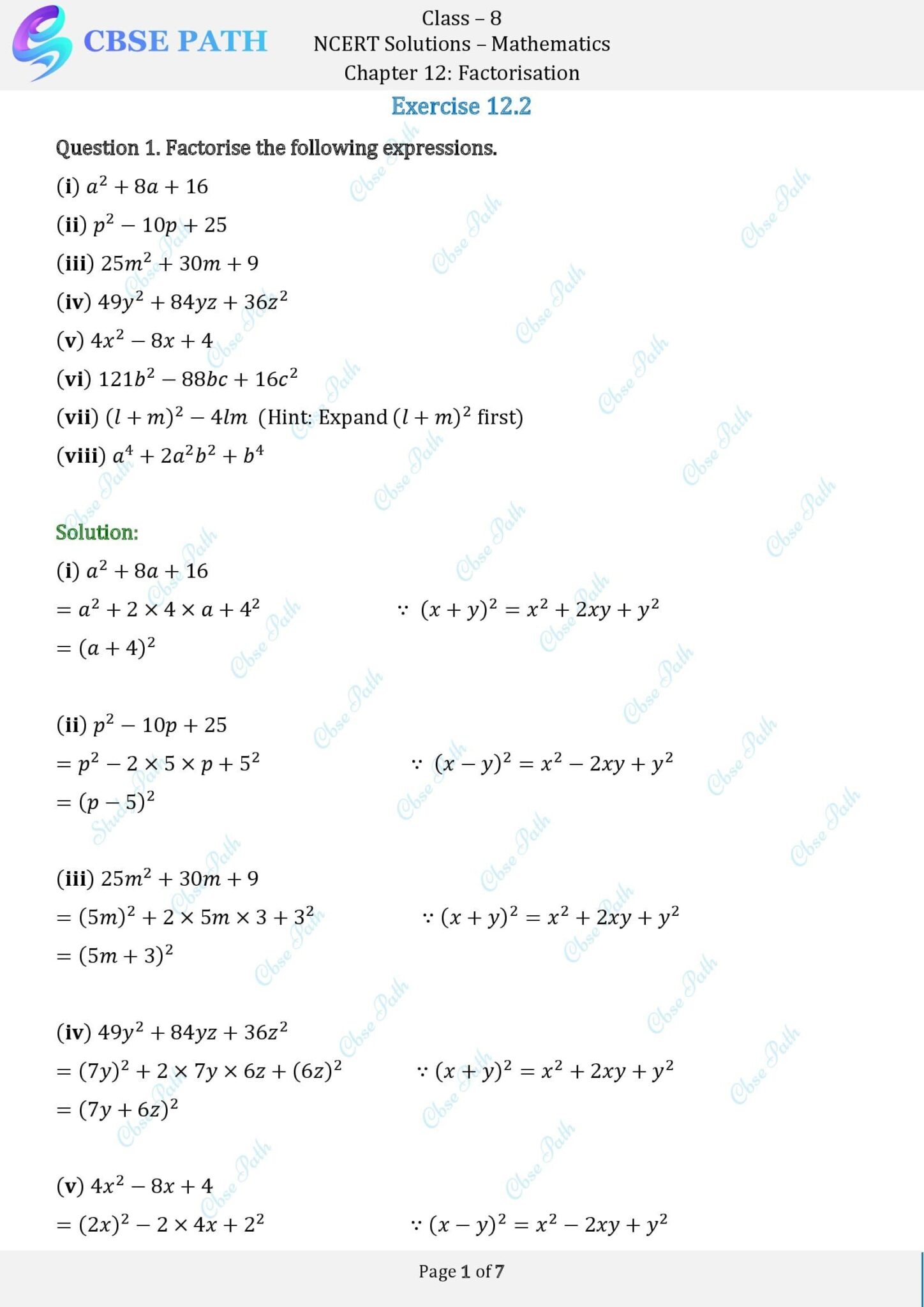 NCERT Solutions for Class 8 Maths Exercise 12.2 Factorisation - CBSE Path