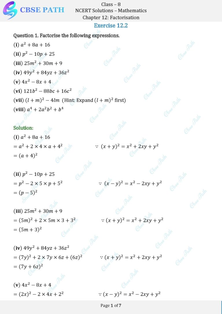 NCERT Solutions for Class 8 Maths Exercise 12.2 Factorisation - CBSE Path