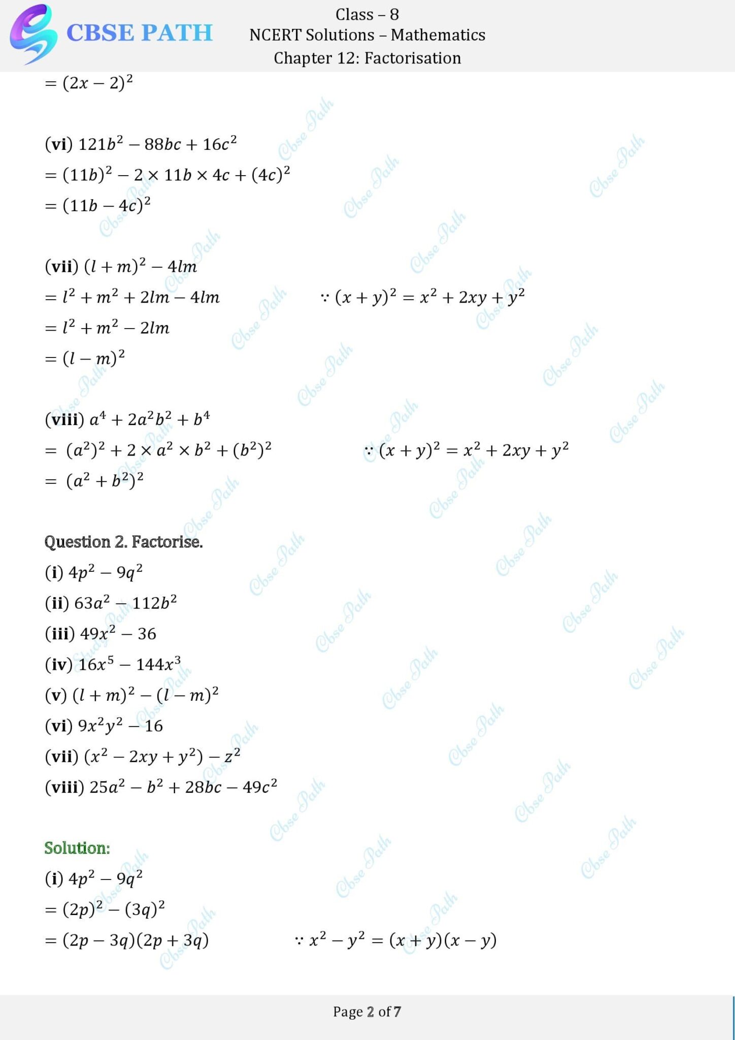 NCERT Solutions for Class 8 Maths Exercise 12.2 Factorisation - CBSE Path