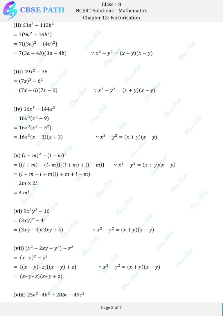 NCERT Solutions for Class 8 Maths Exercise 12.2 Factorisation - CBSE Path