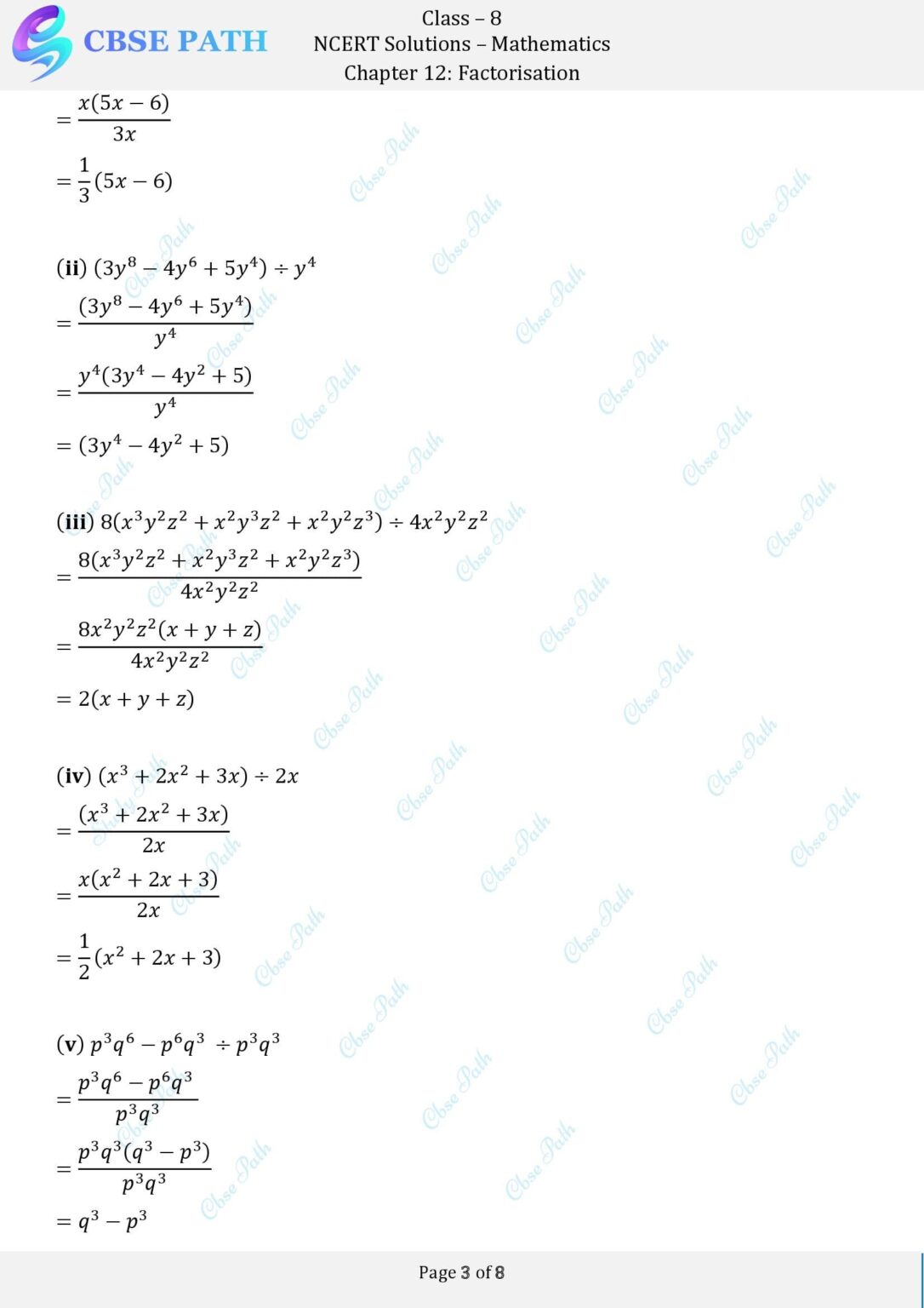 NCERT Solutions for Class 8 Maths Exercise 12.3 Factorisation - CBSE Path