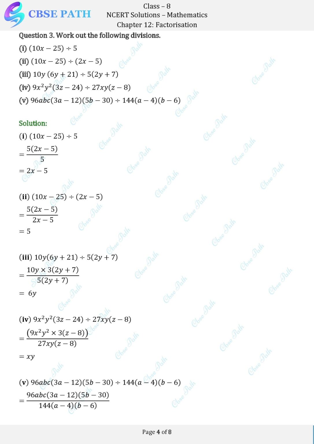 NCERT Solutions for Class 8 Maths Exercise 12.3 Factorisation - CBSE Path