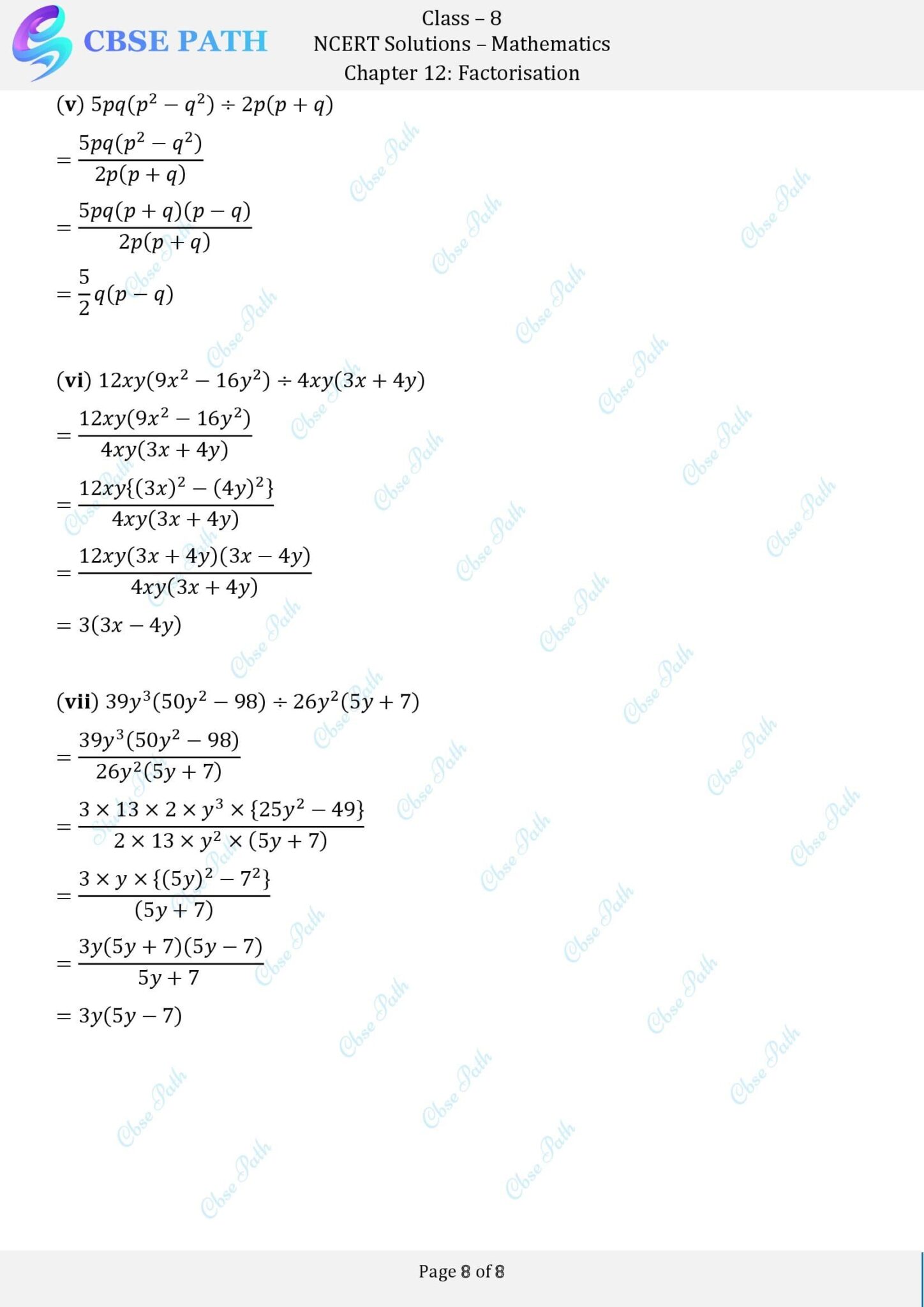 NCERT Solutions for Class 8 Maths Exercise 12.3 Factorisation - CBSE Path