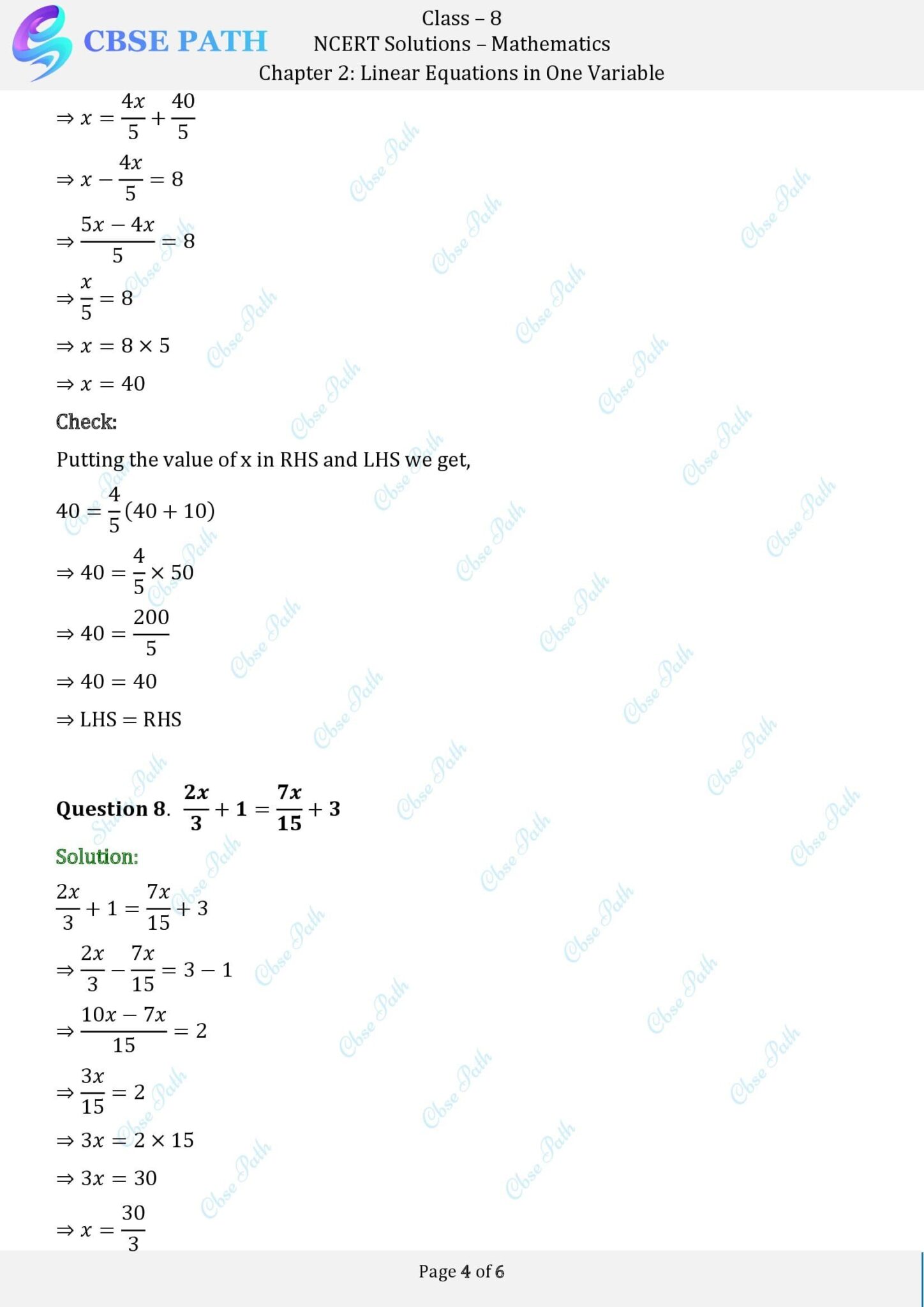 NCERT Solutions for Class 8 Maths Exercise 2.1 Linear Equations in One Variable - CBSE Path