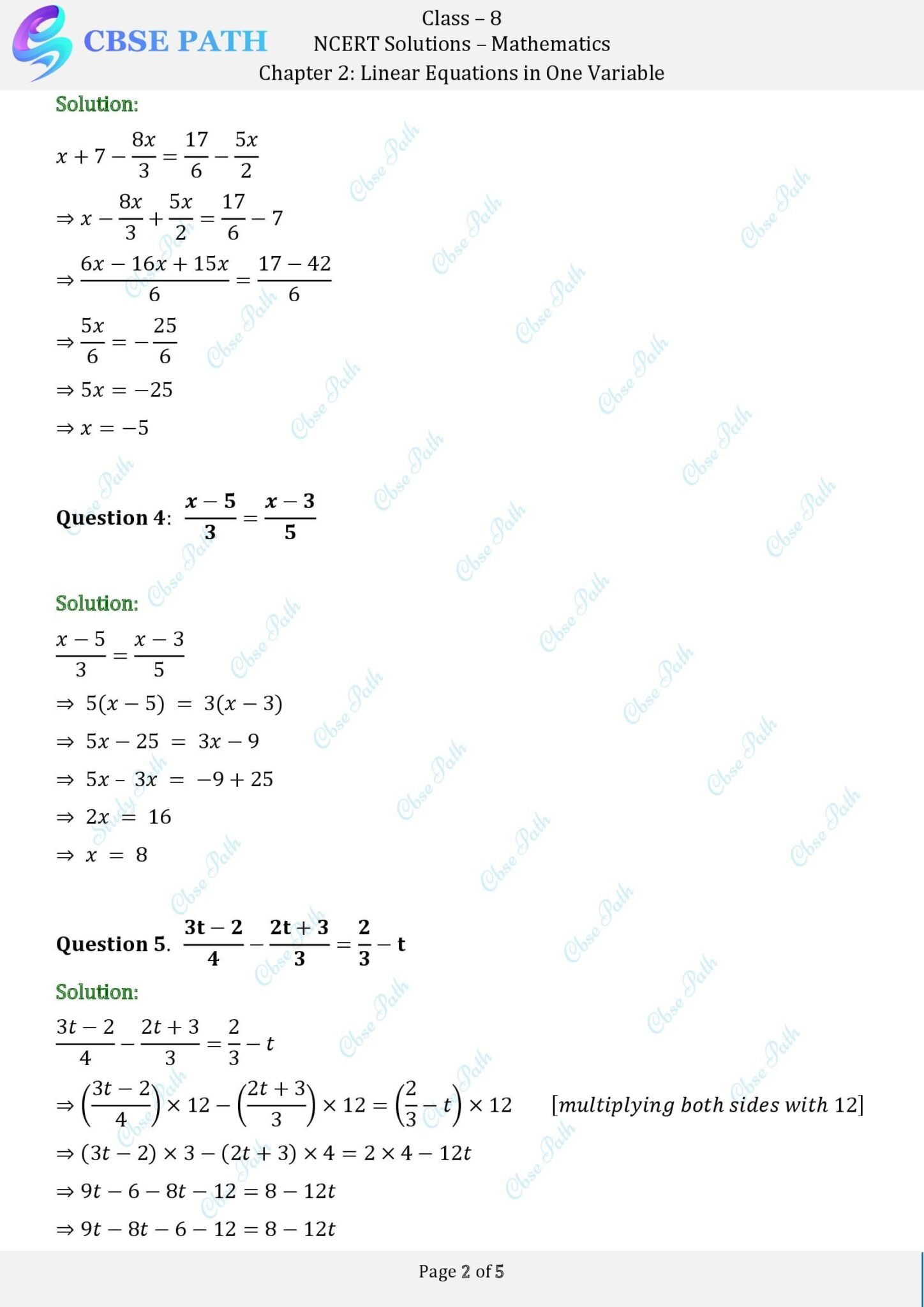 NCERT Solutions for Class 8 Maths Exercise 2.2 Linear Equations in One Variable - CBSE Path